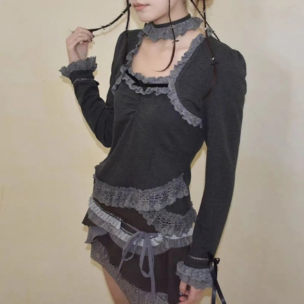 Black Goth Slim Lace Y2K Top – Ellezy